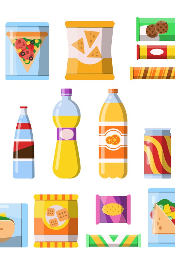 Beverages food. Plastic containers fastfood drinks and snack