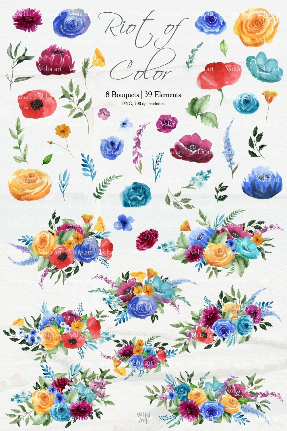 Watercolor Colorful Flowers Bouquet Bundle, Spring Peony