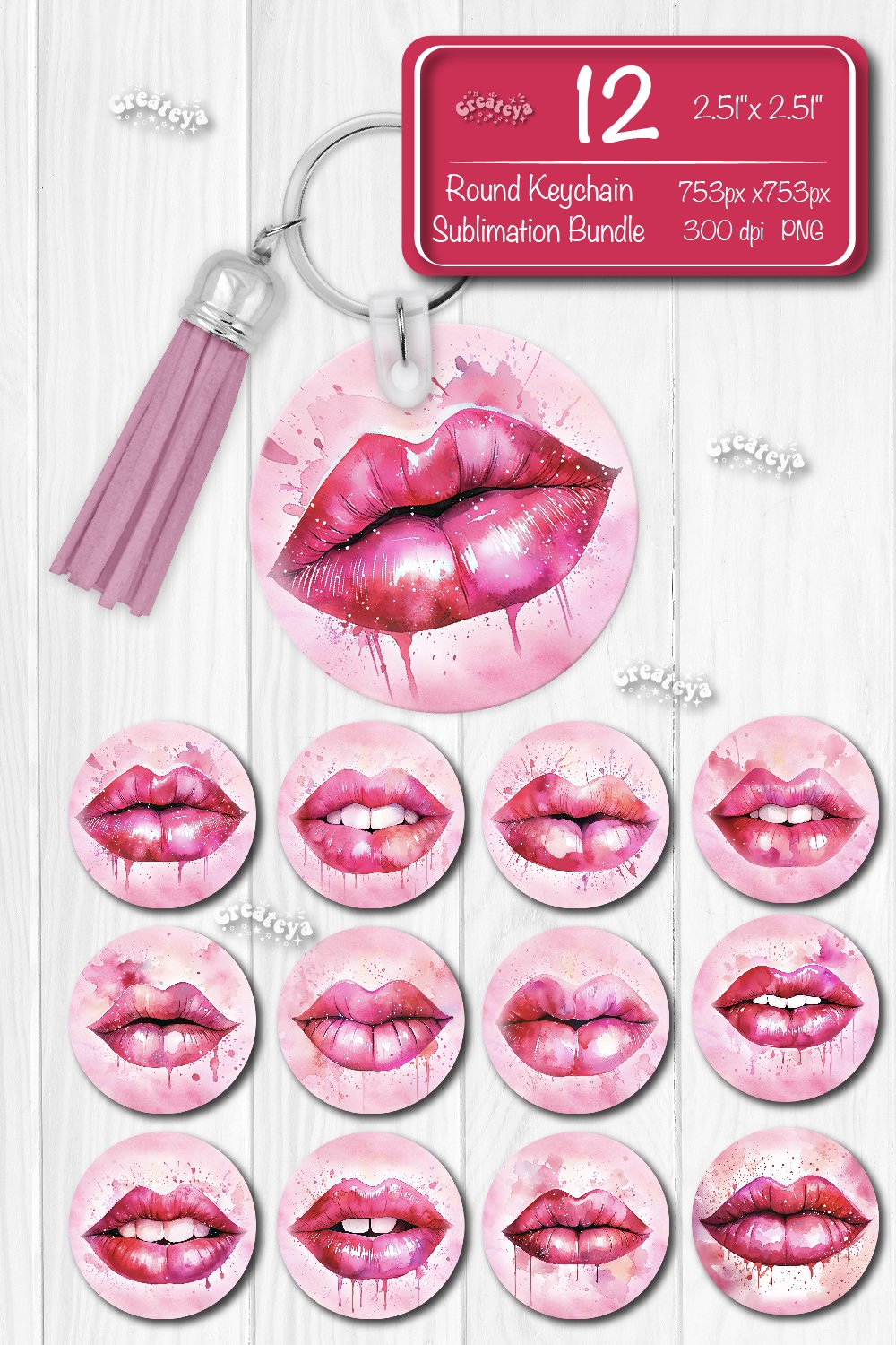 Valentine Round Keychain Bundle Pink lips Keychain PNG
