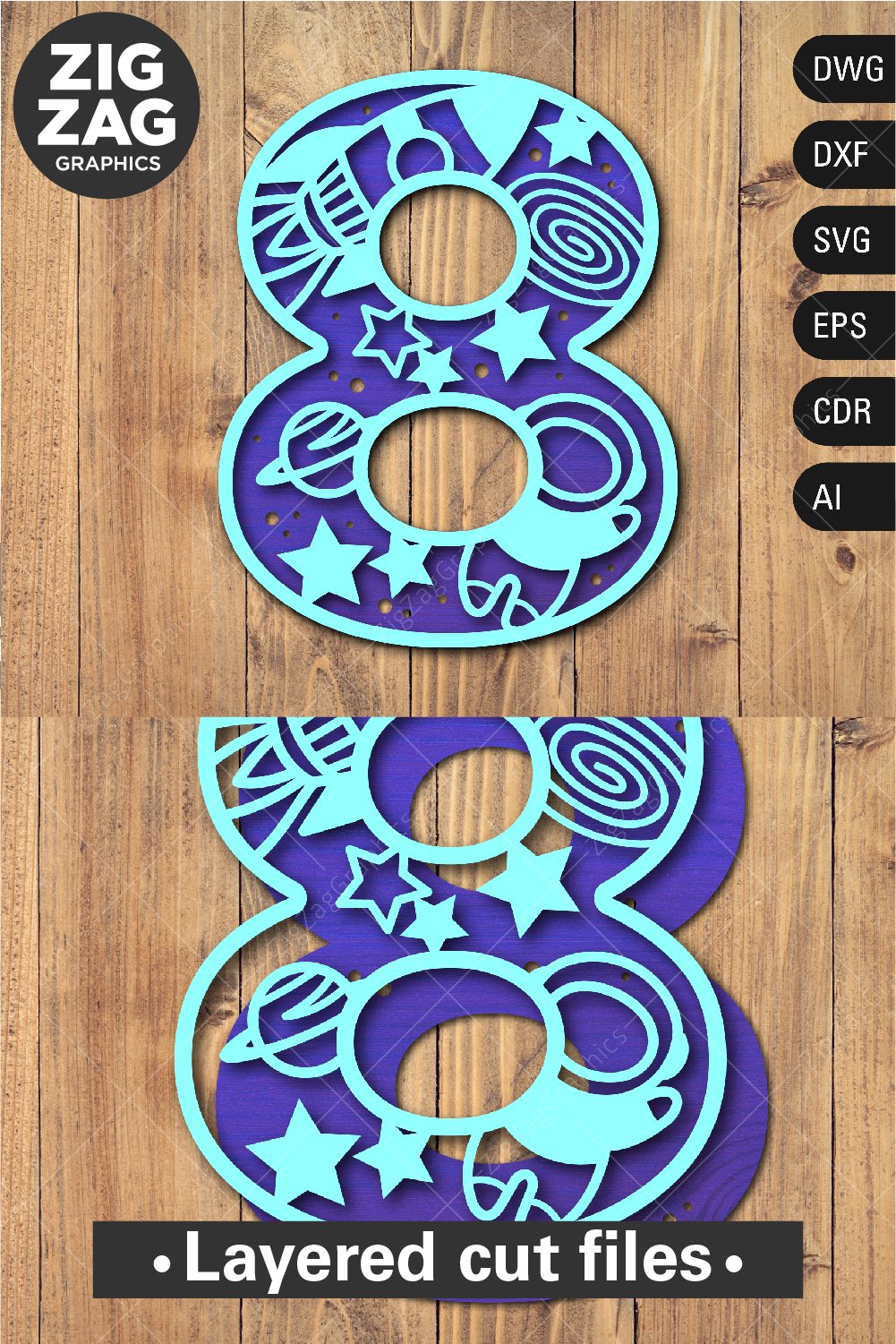 layered kids number 8 with space rocket astronaut and stars