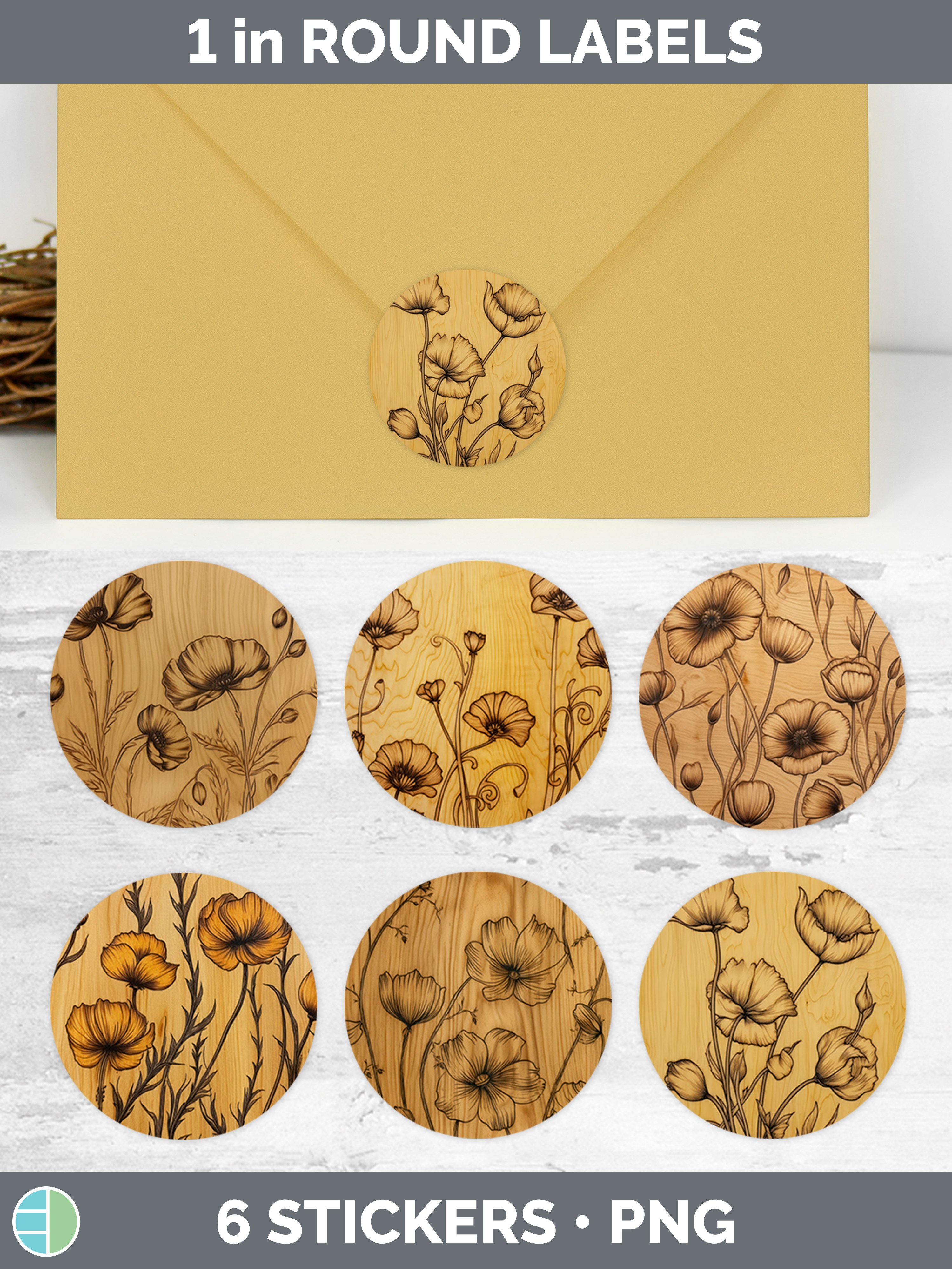 Wood Burned Buttercup Flowers Stickers | Round Labels Design
