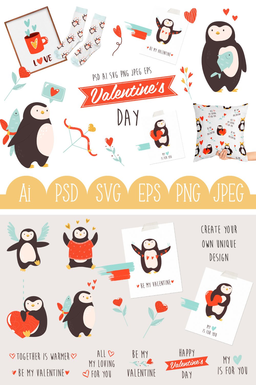 Valentine's Penguines, Romantic Animals. Big Set