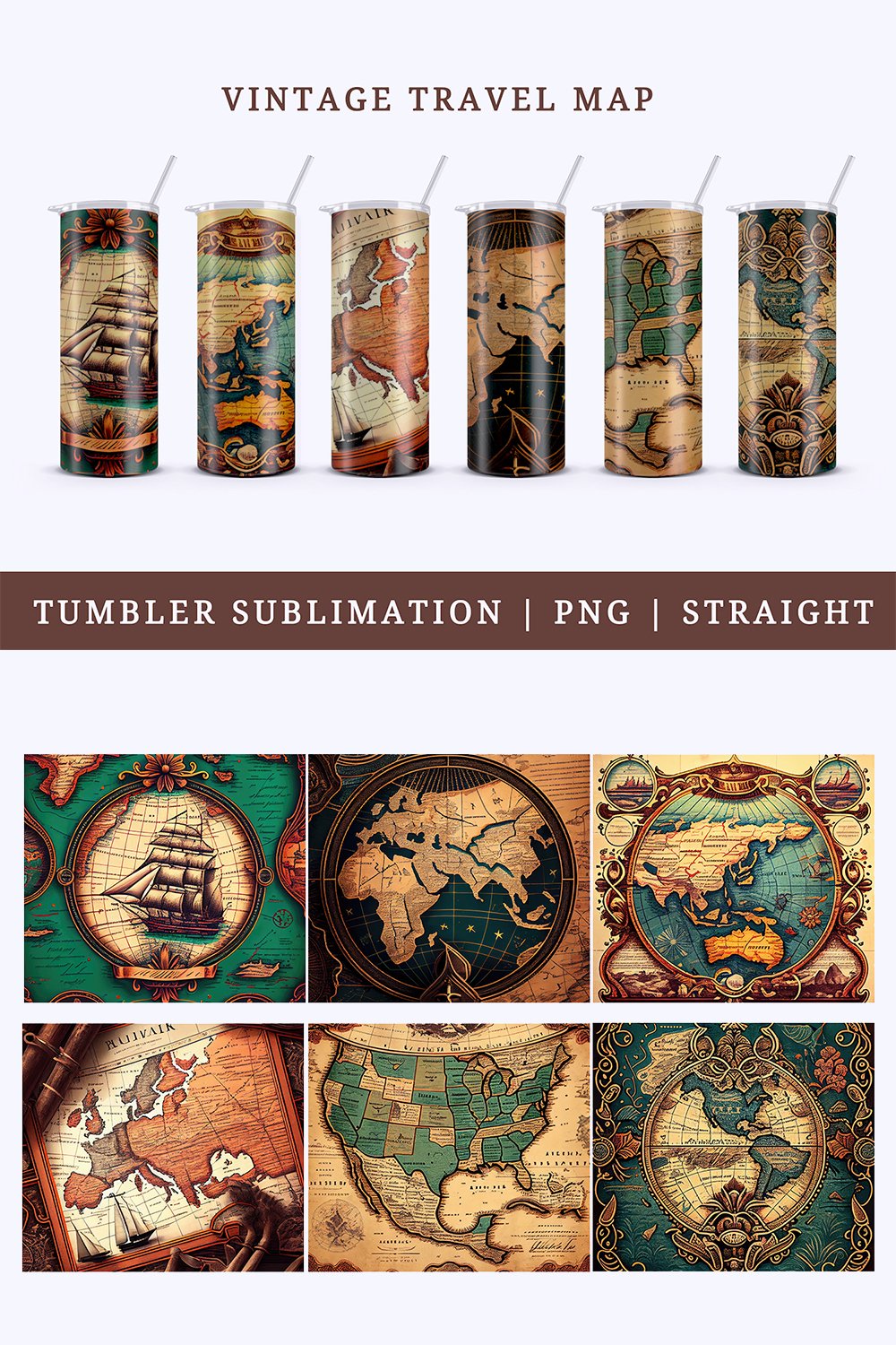 Vintage Travel Map tumbler sublimation bundle, 6 wrap design