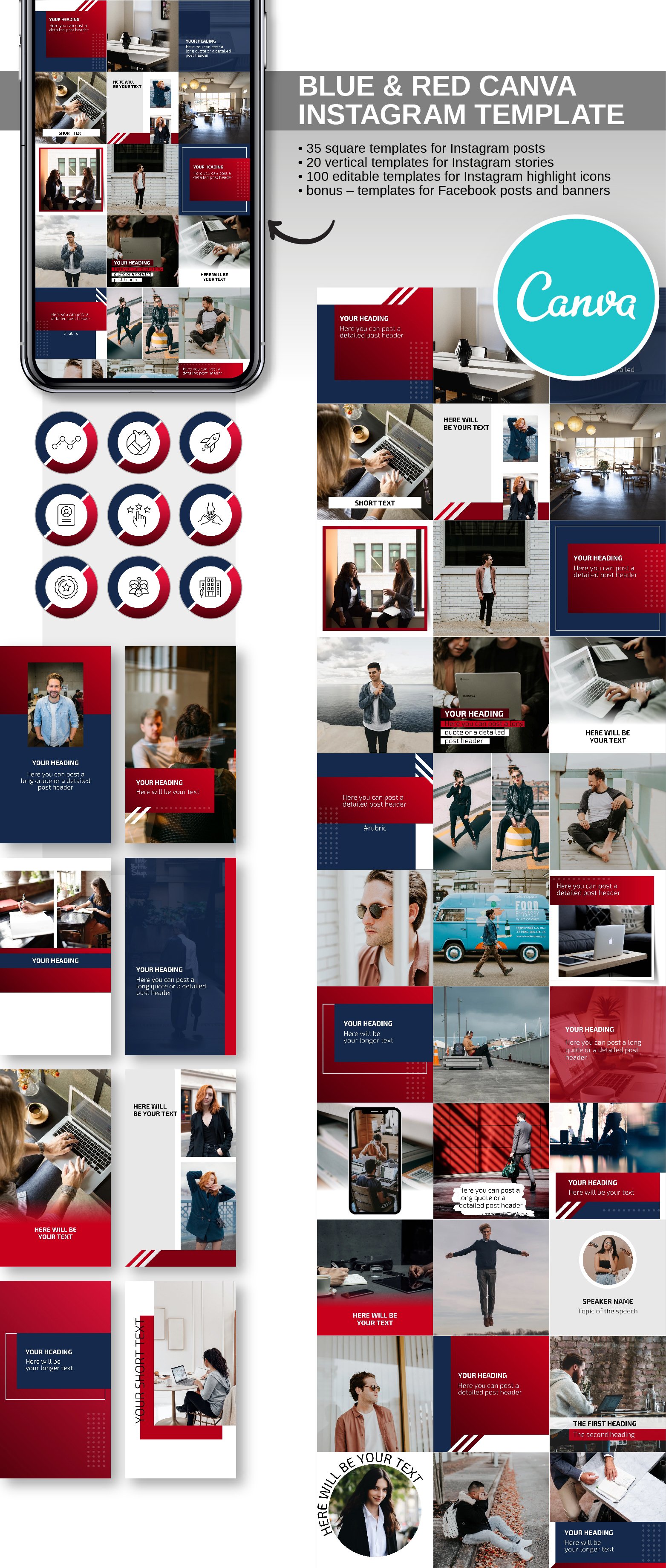 Dark Blue & Red CANVA Template for Instagram icons stories