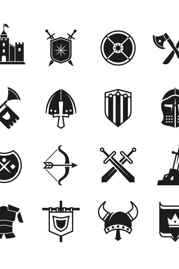 Medieval warriors shield and sword vector icons. Ancient kni