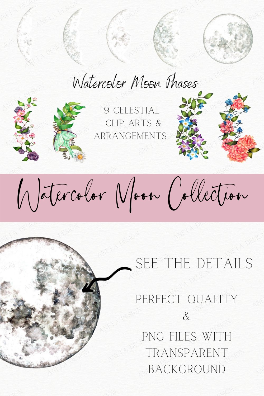 Watercolor Moon Phases, Moon clipart, Decorated Moon, Blush