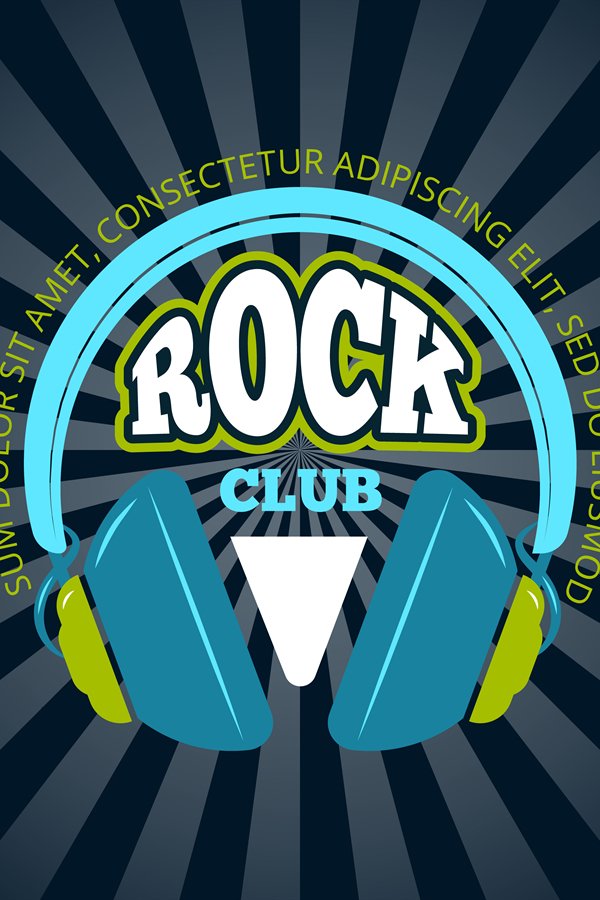 Rock music club, music vector logo, badge, emblem with headp