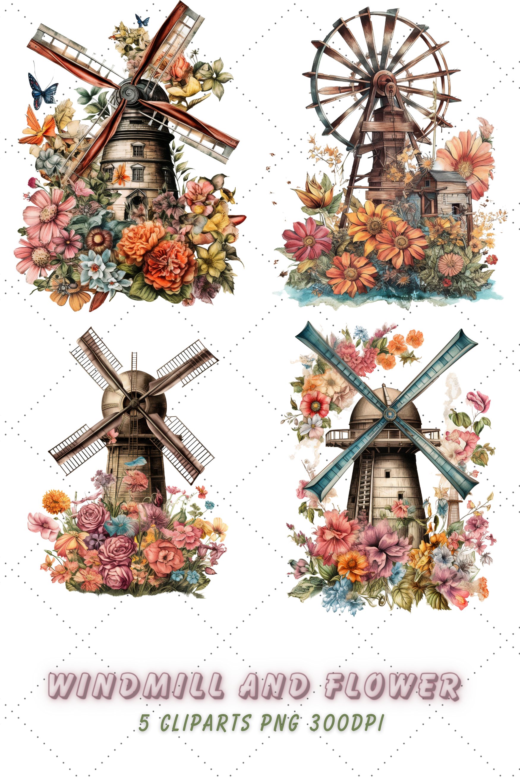 Vintage Windmill and Flower Sublimation Clipart Bundle