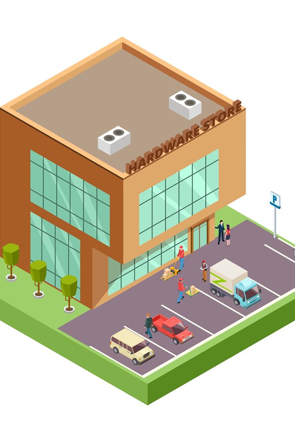 Isometric hardware store. Location with 3D building people p