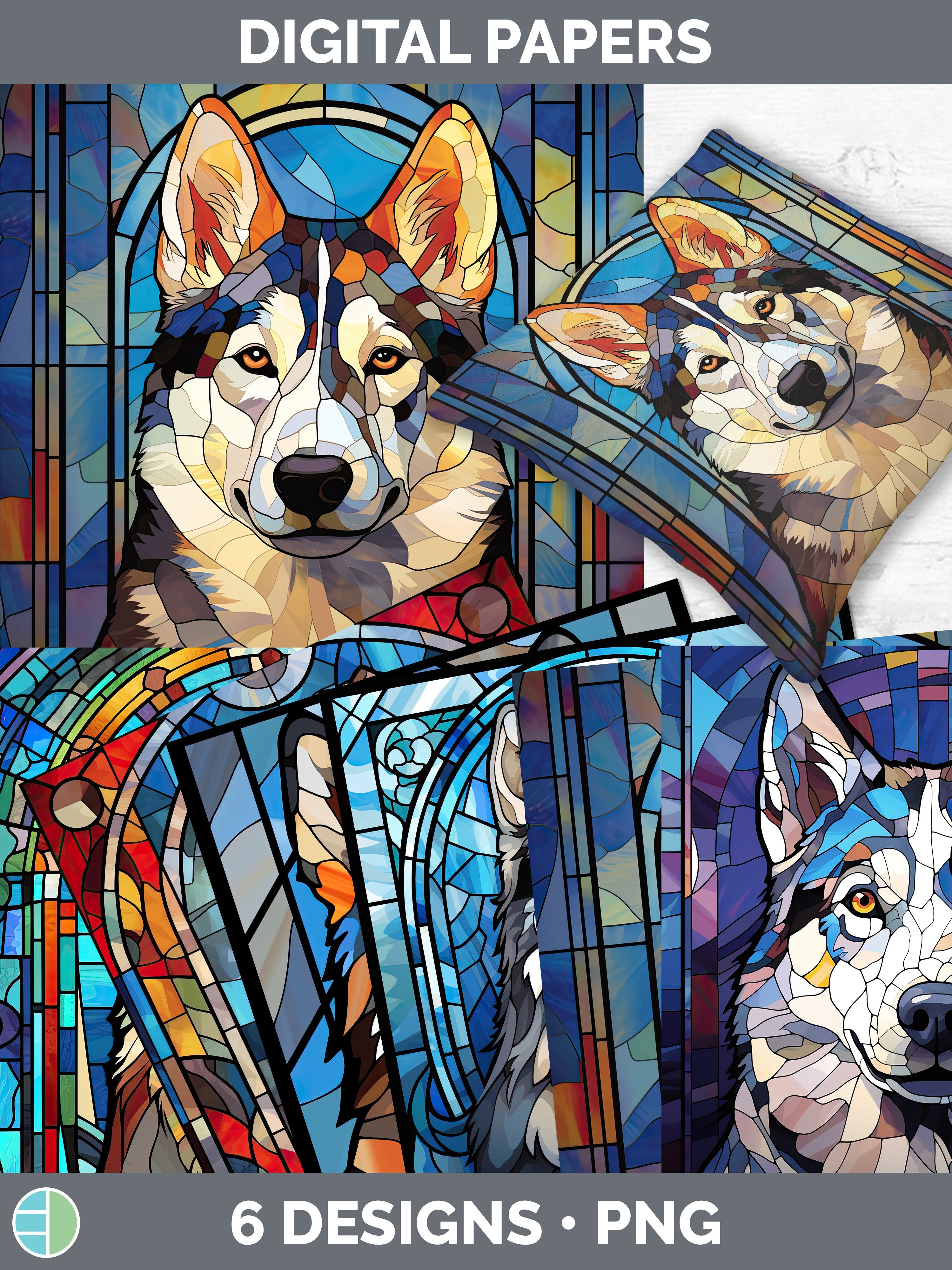 Stained Glass Husky Dog Paper Backgrounds | Digital Scrapboo