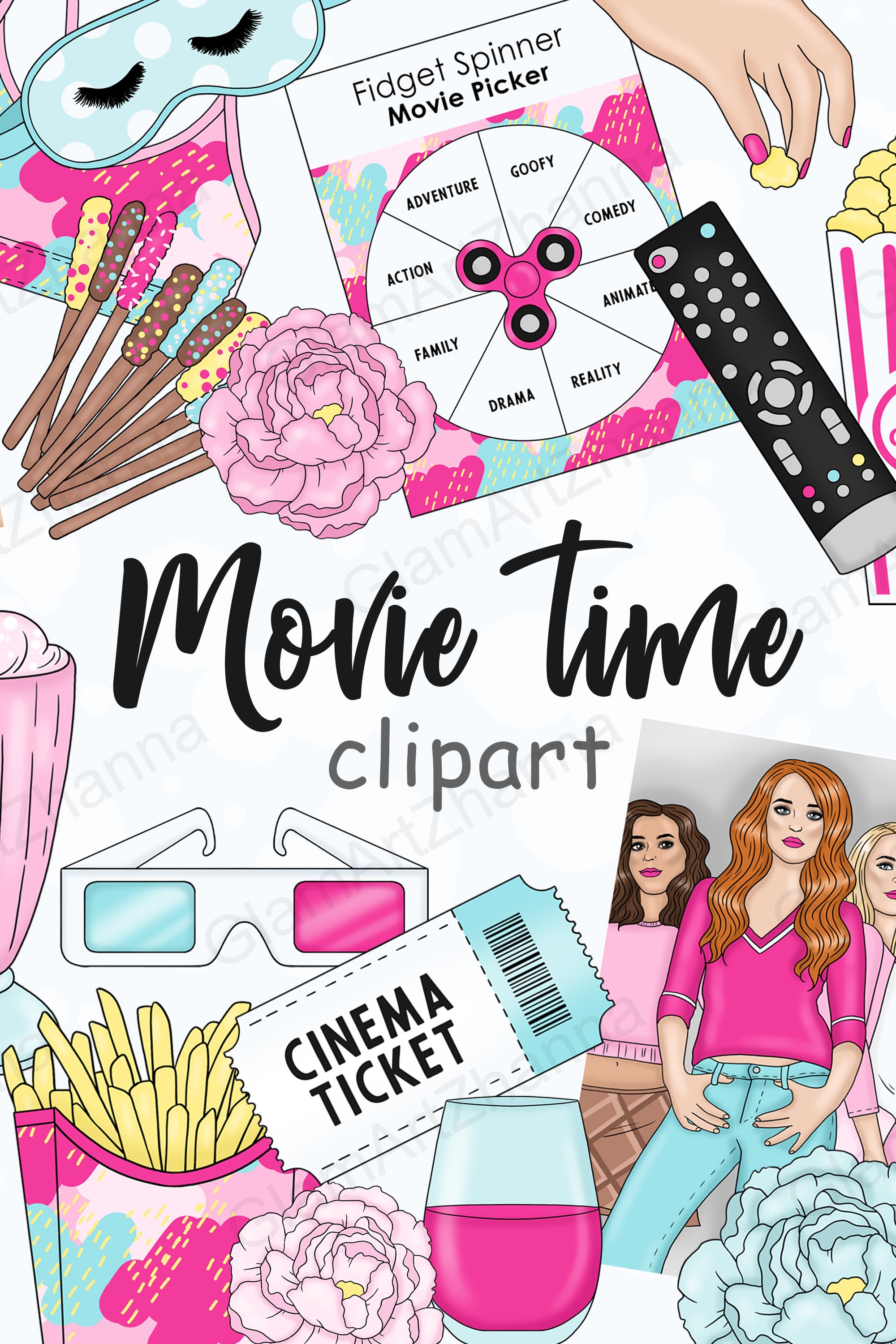 Movie Time CLIPART Lazy Wine Books Graphics Stickers - PNG
