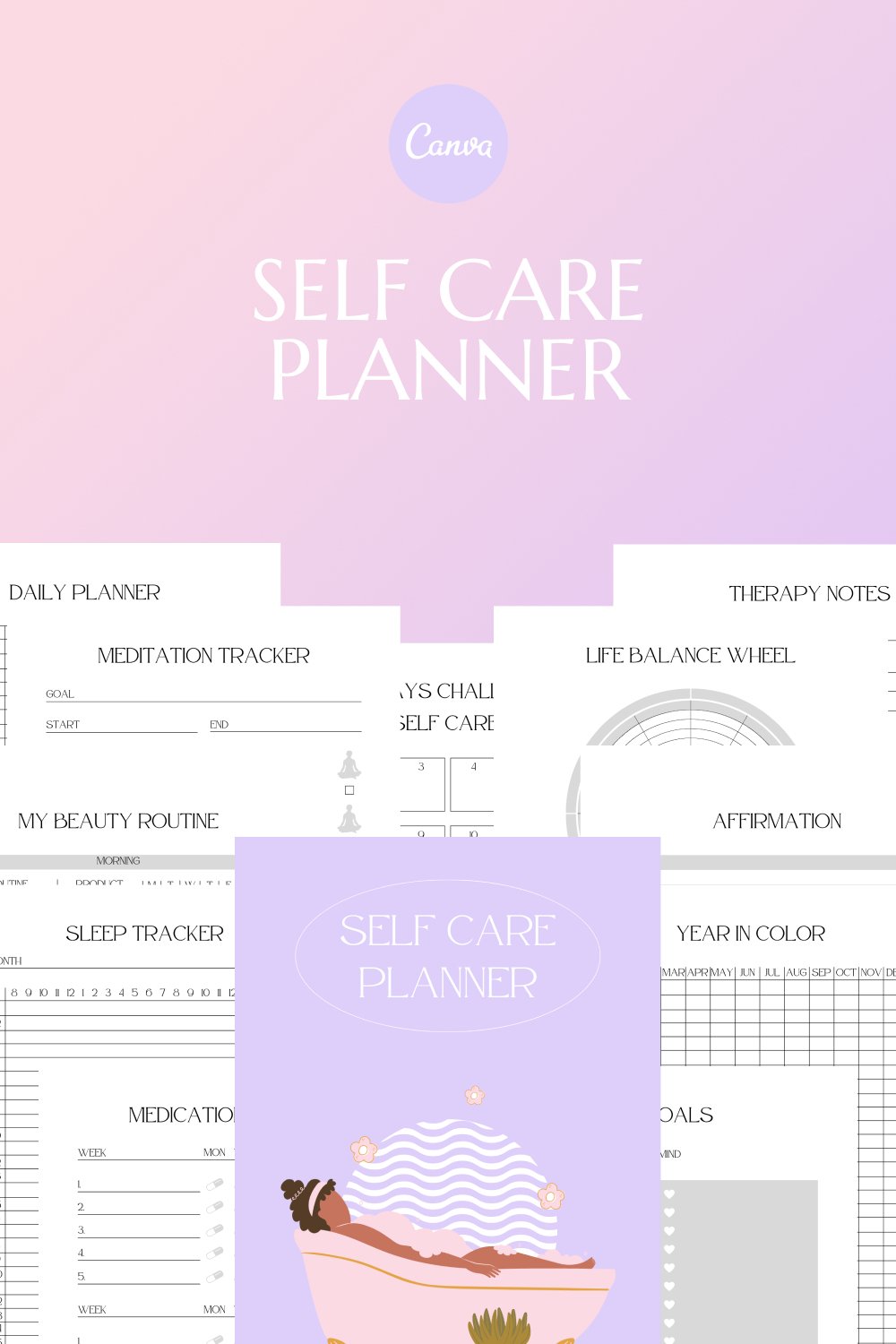 Self Care Planner Canva Template, Editable Planner Pages