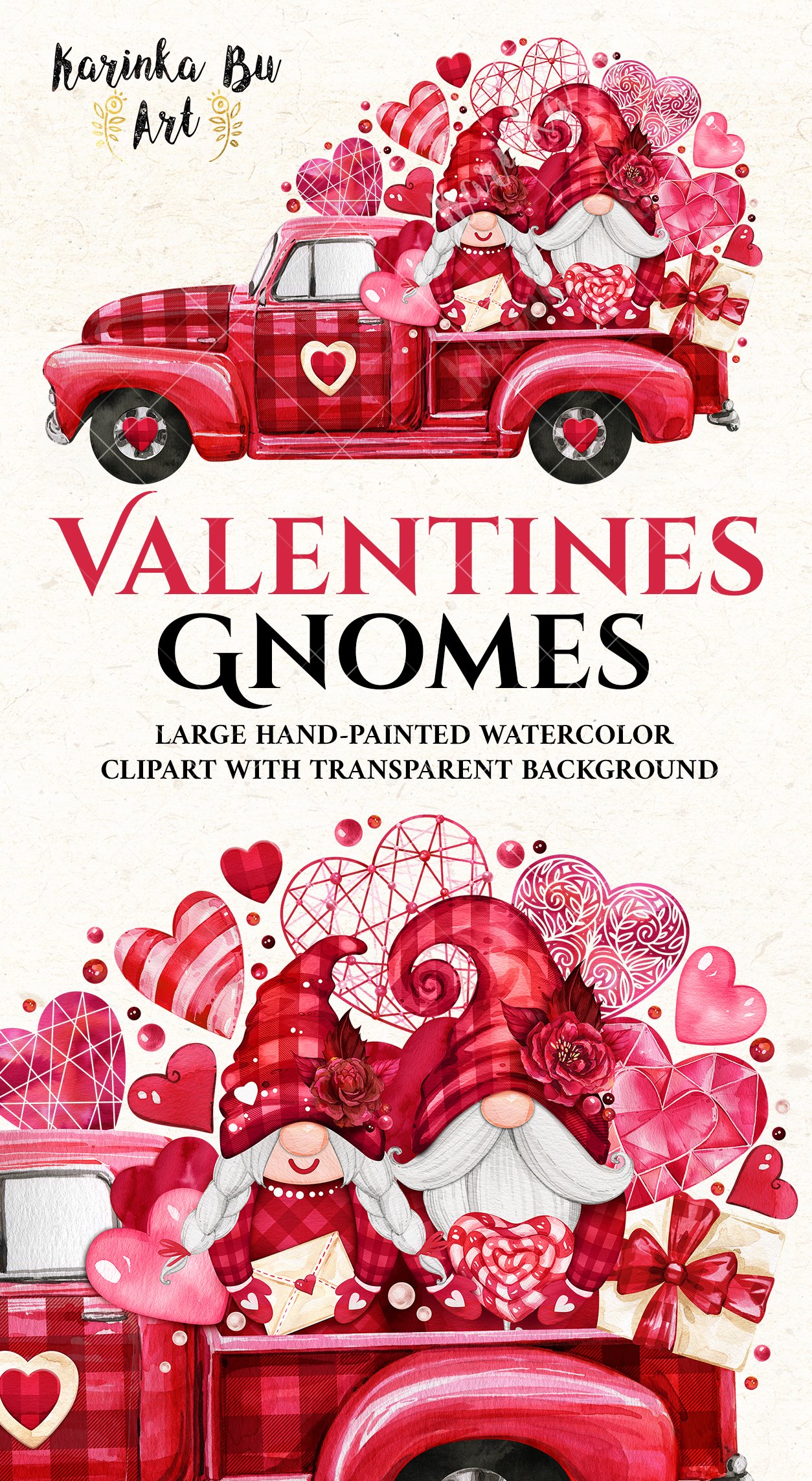 Watercolor red Truck Clipart Watercolor Valentines day gnome