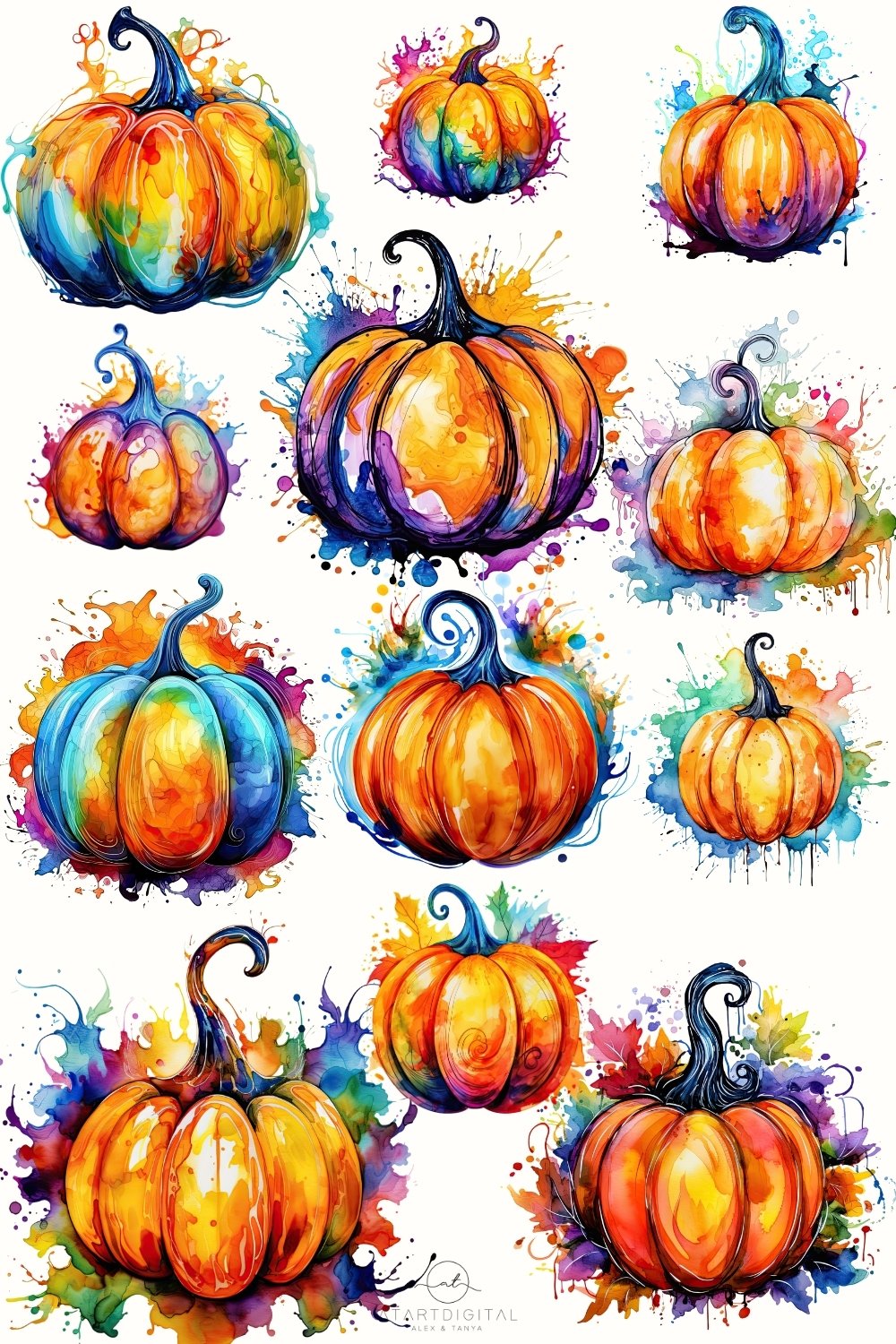 Colorful Watercolor Pumpkins Clip Art
