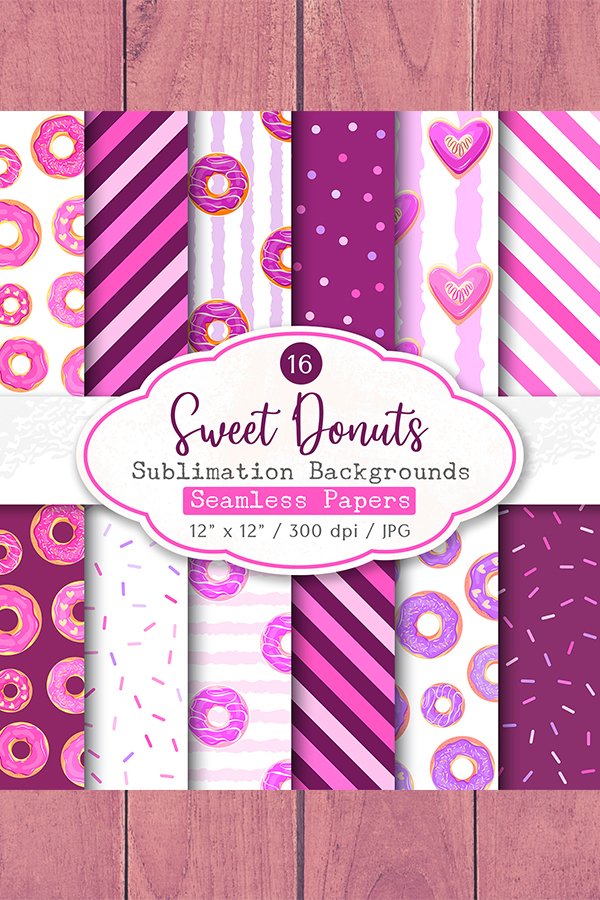 Donut digital paper, doughnut seamless patterns, pink papers