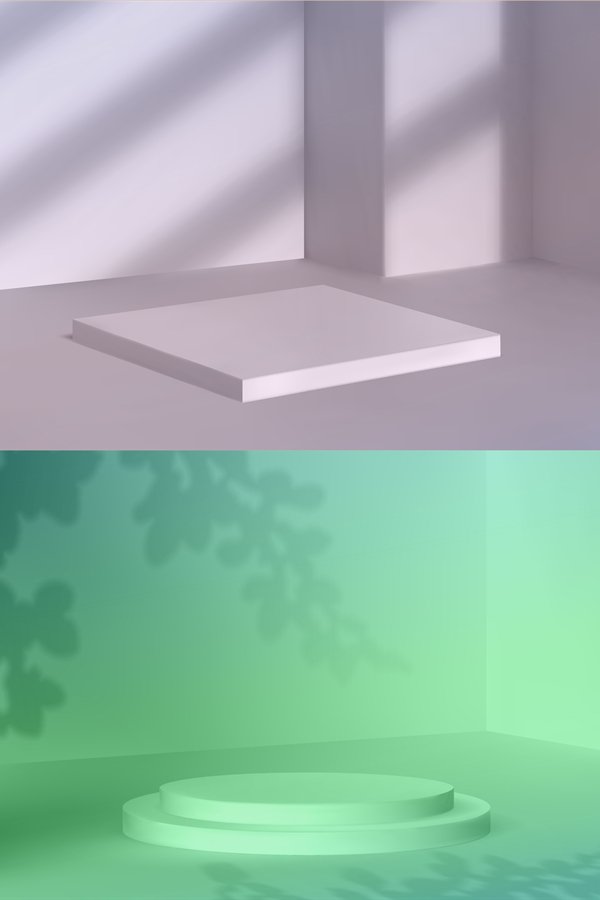 Pastel stages with podiums, palm leaves and plant shadows. 3