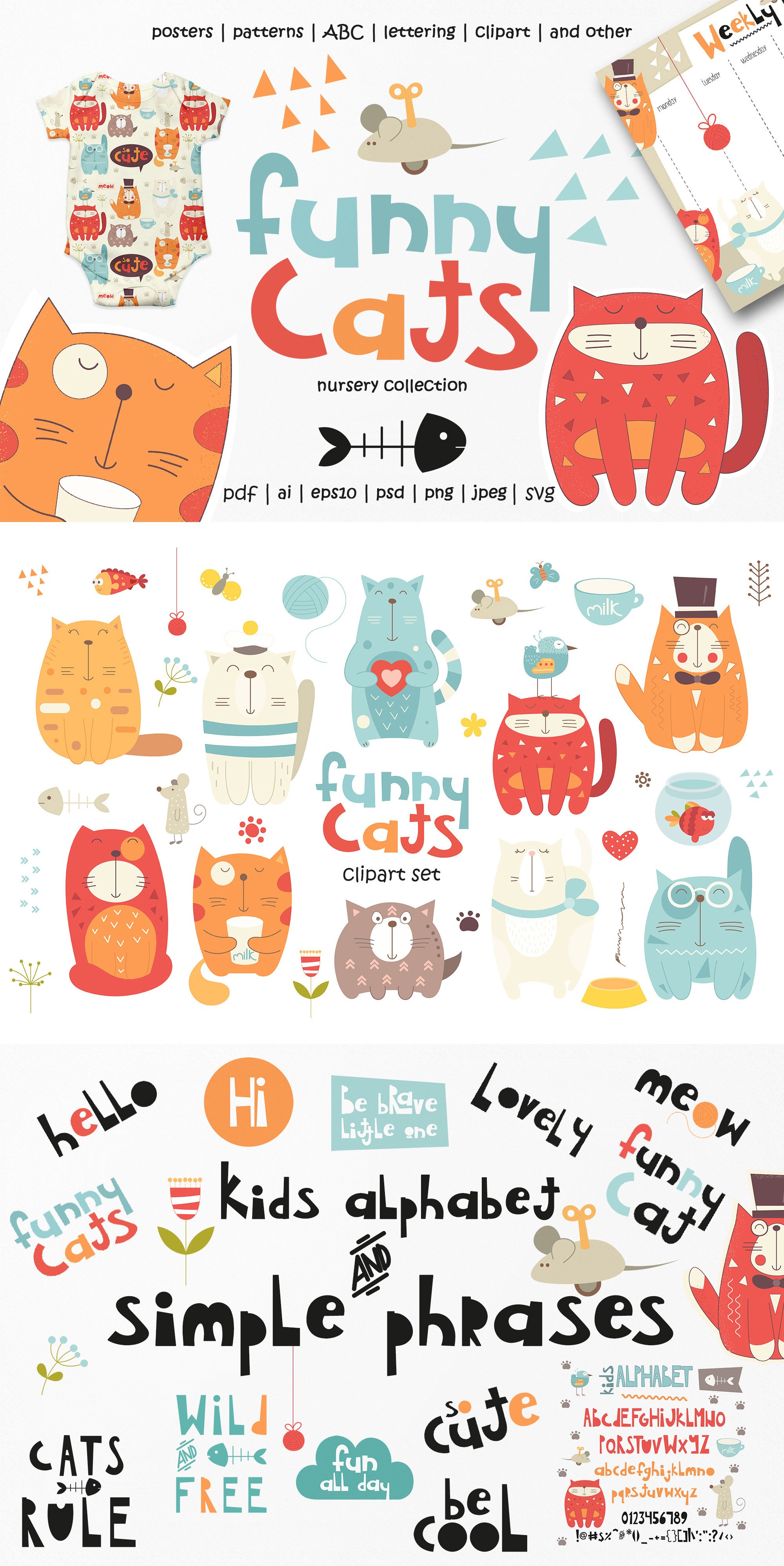 Cute cats nursery art clipart and motivational quotes