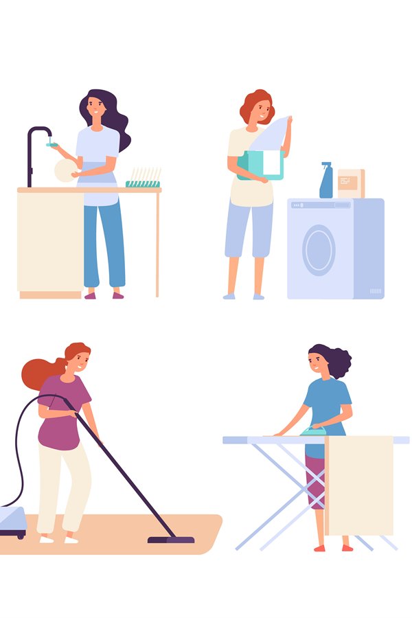 Housewives. Woman housewife doing housework, happy mother co