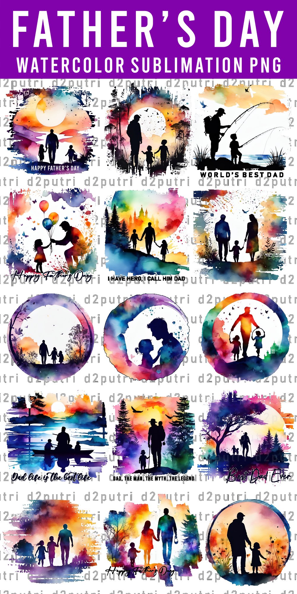 Fathers Day Watercolor Sublimation PNG Bundle, Family PNG
