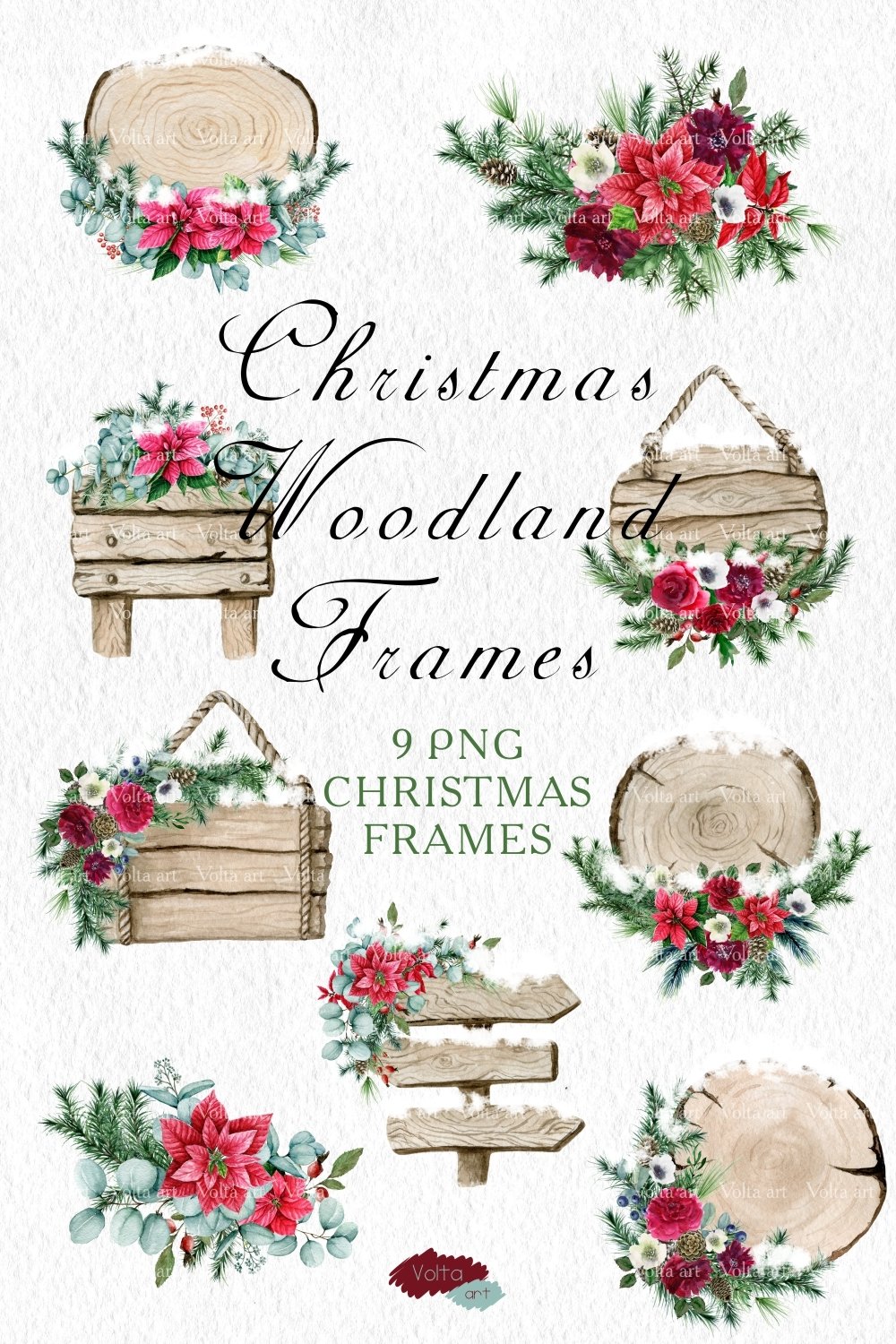 Christmas wood slices clipart, Watercolor Woodland Frames