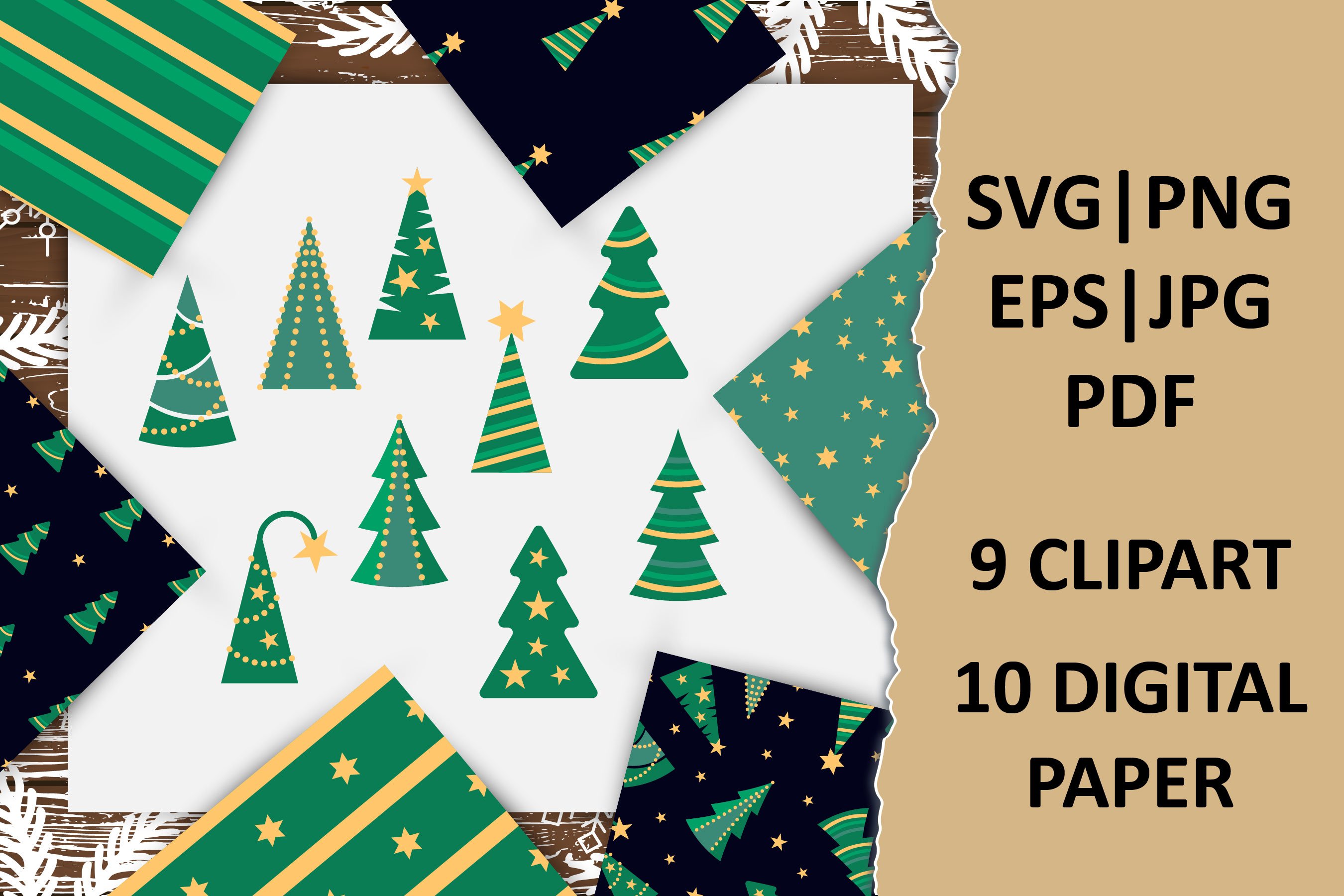 Christmas tree bundle with clipart and digital papers.