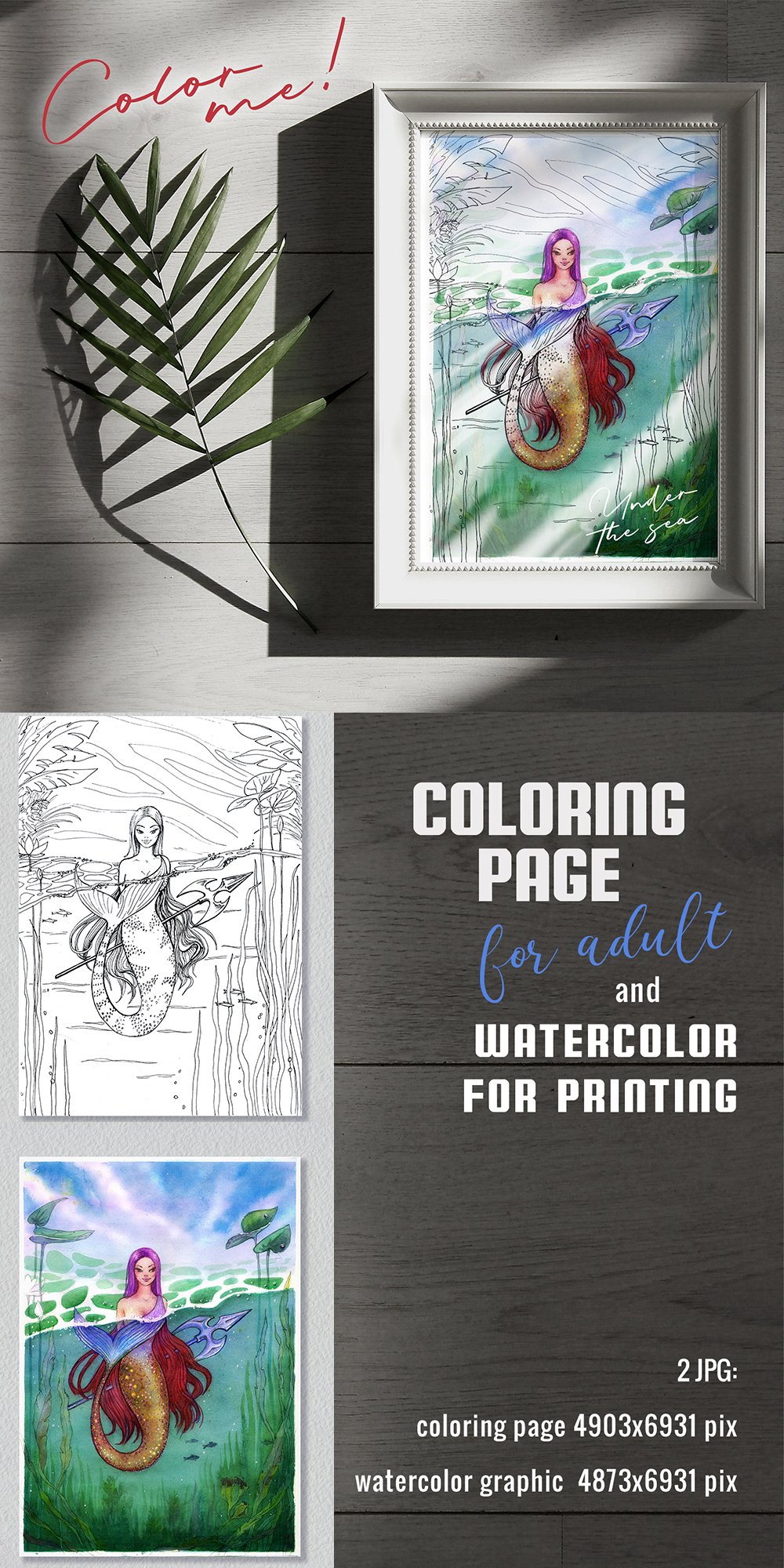 Mermaid. Coloring and watercolor for printing