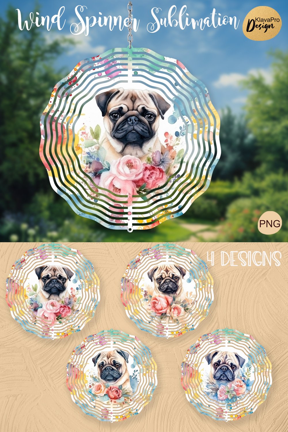 Watercolor Pug dog Wind Spinner | Sublimation (2686666)