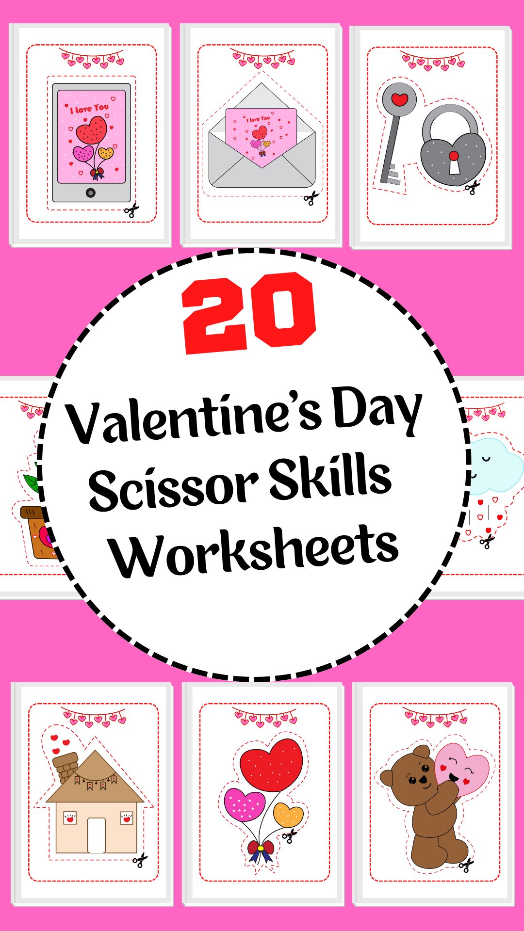 Valentine Scissors Skills & Coloring Worksheets