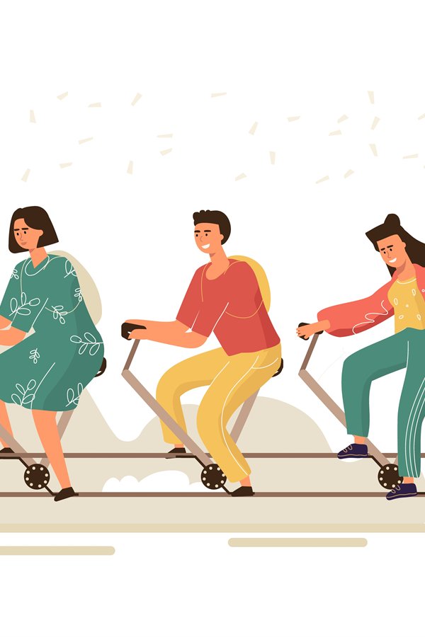 Team work bike. Cartoon businessman characters on three-pers