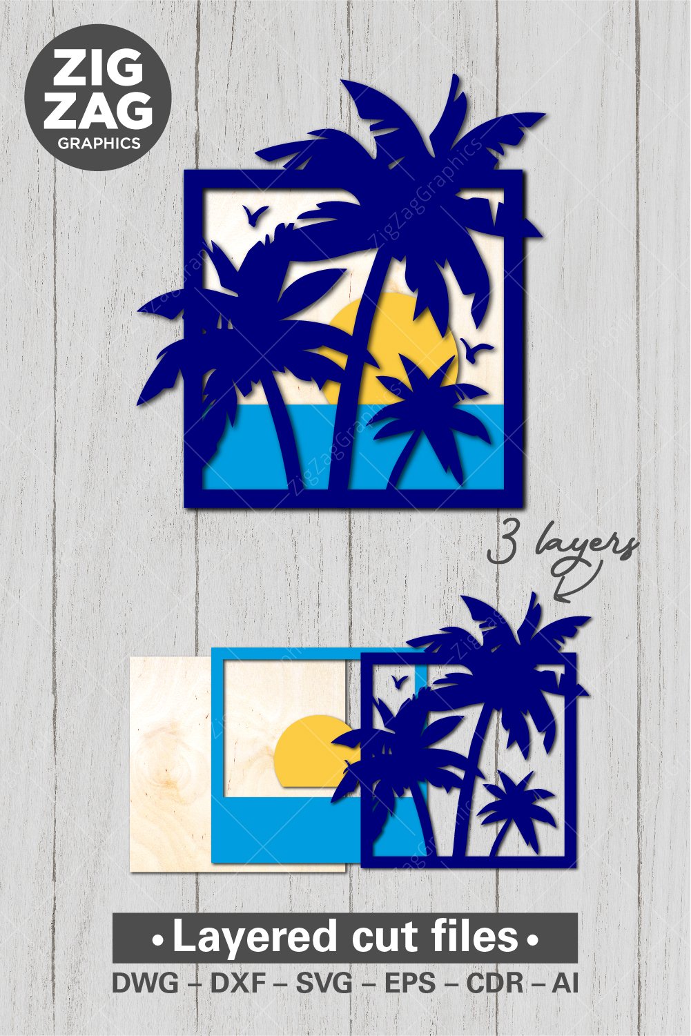 layered sign summer with palm trees and sunset svg cut file