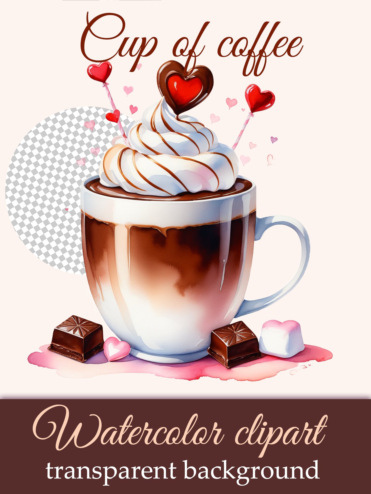 Watercolor Coffee Cup Clipart with Hearts Png file