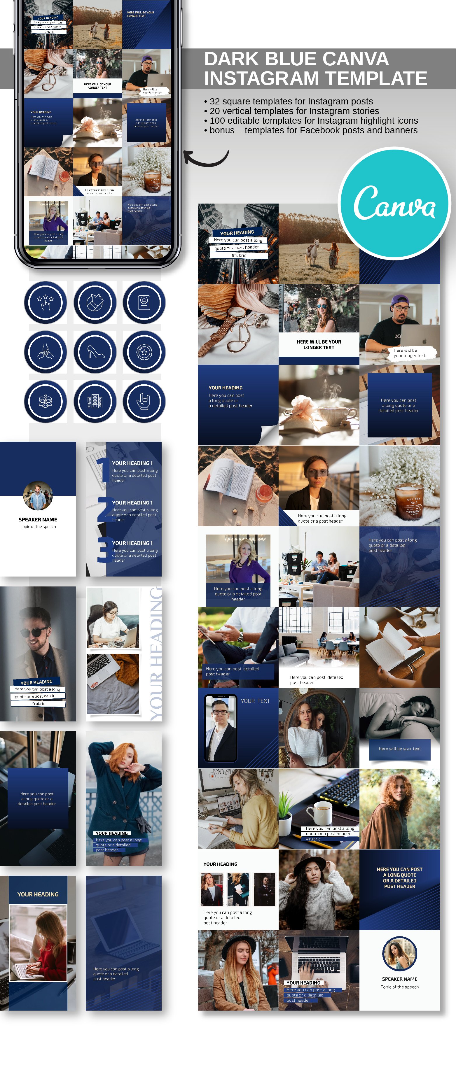 Dark blue CANVA Template for Instagram highlights stories