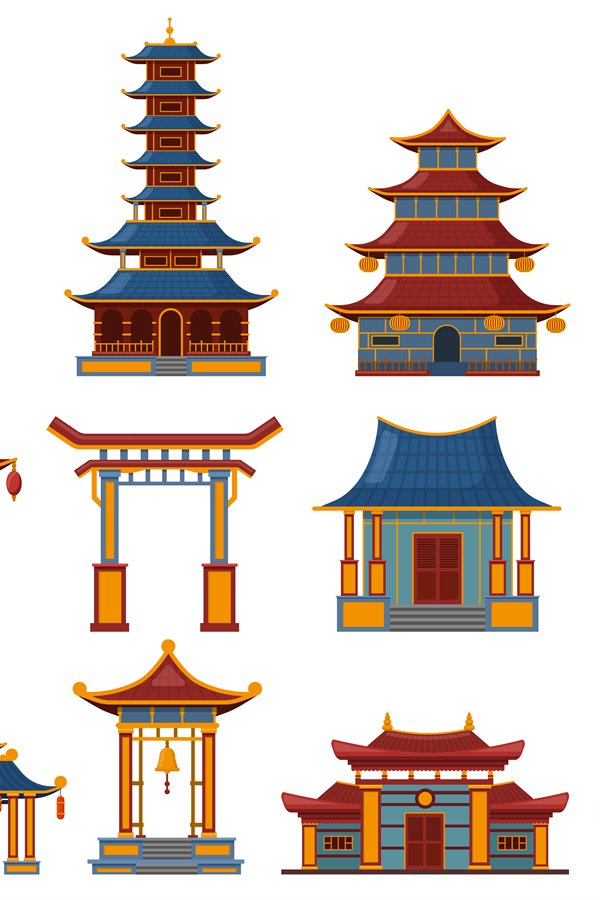 Chinese buildings. Architectural asian temples, palaces and