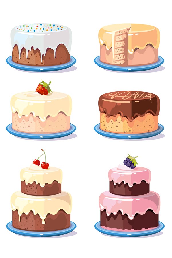 Cream cake tasty cakes vector set in cartoon style