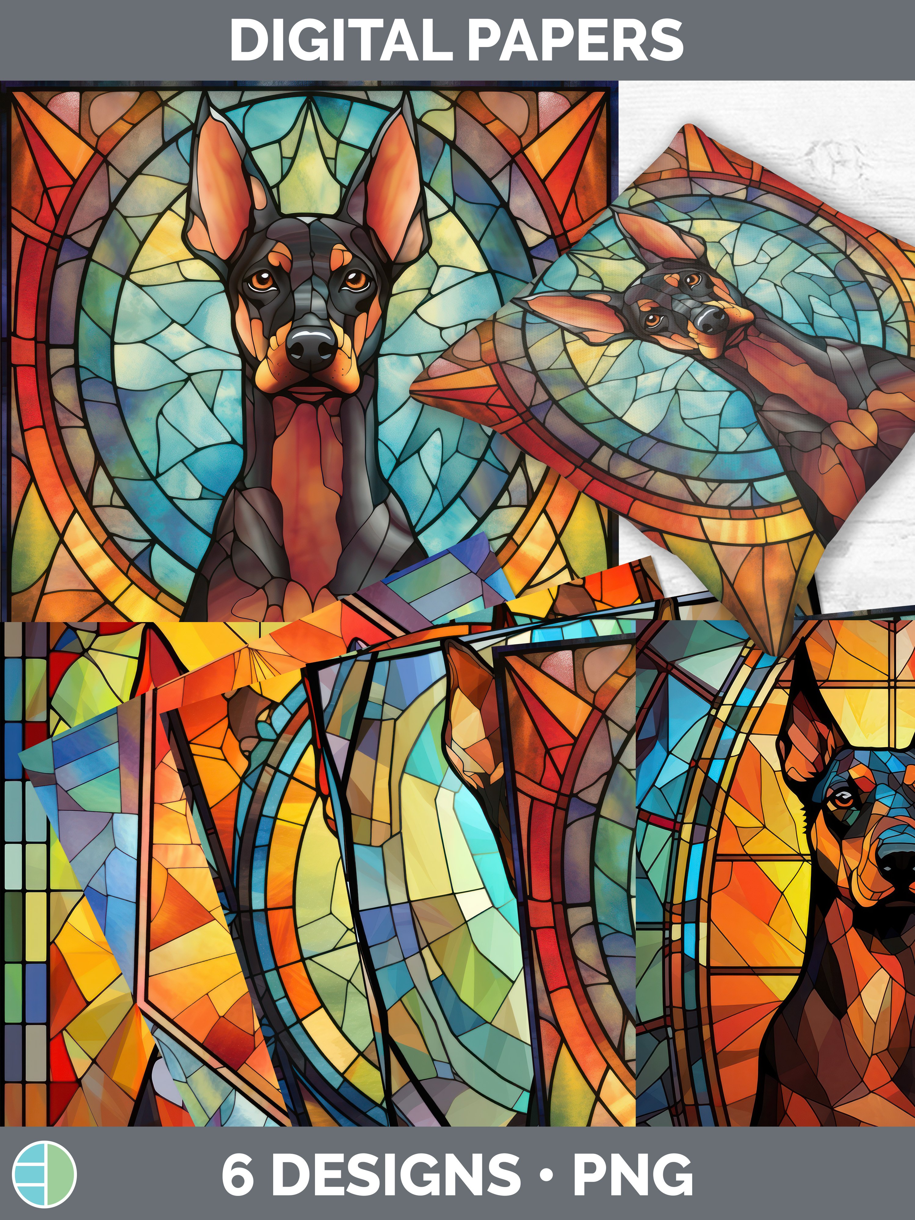 Stained Glass Doberman Pinscher Dog Paper Backgrounds | Digi
