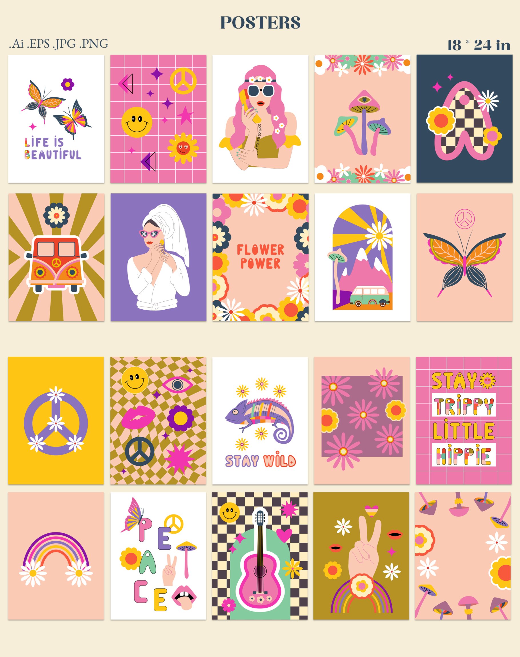 Retro Groovy Hippie Clipart & Alphabet