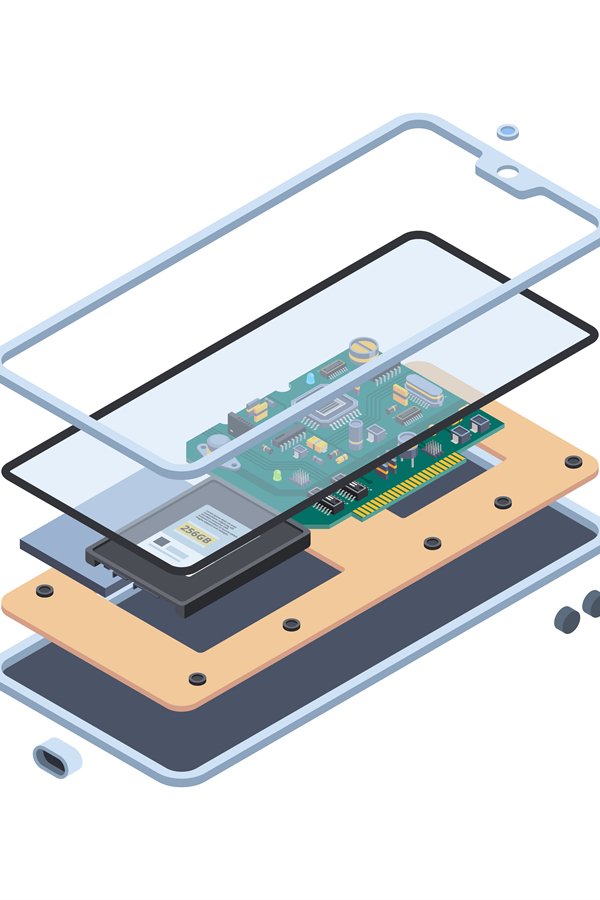 Smartphone hardware. Isometric layers of inside touch screen
