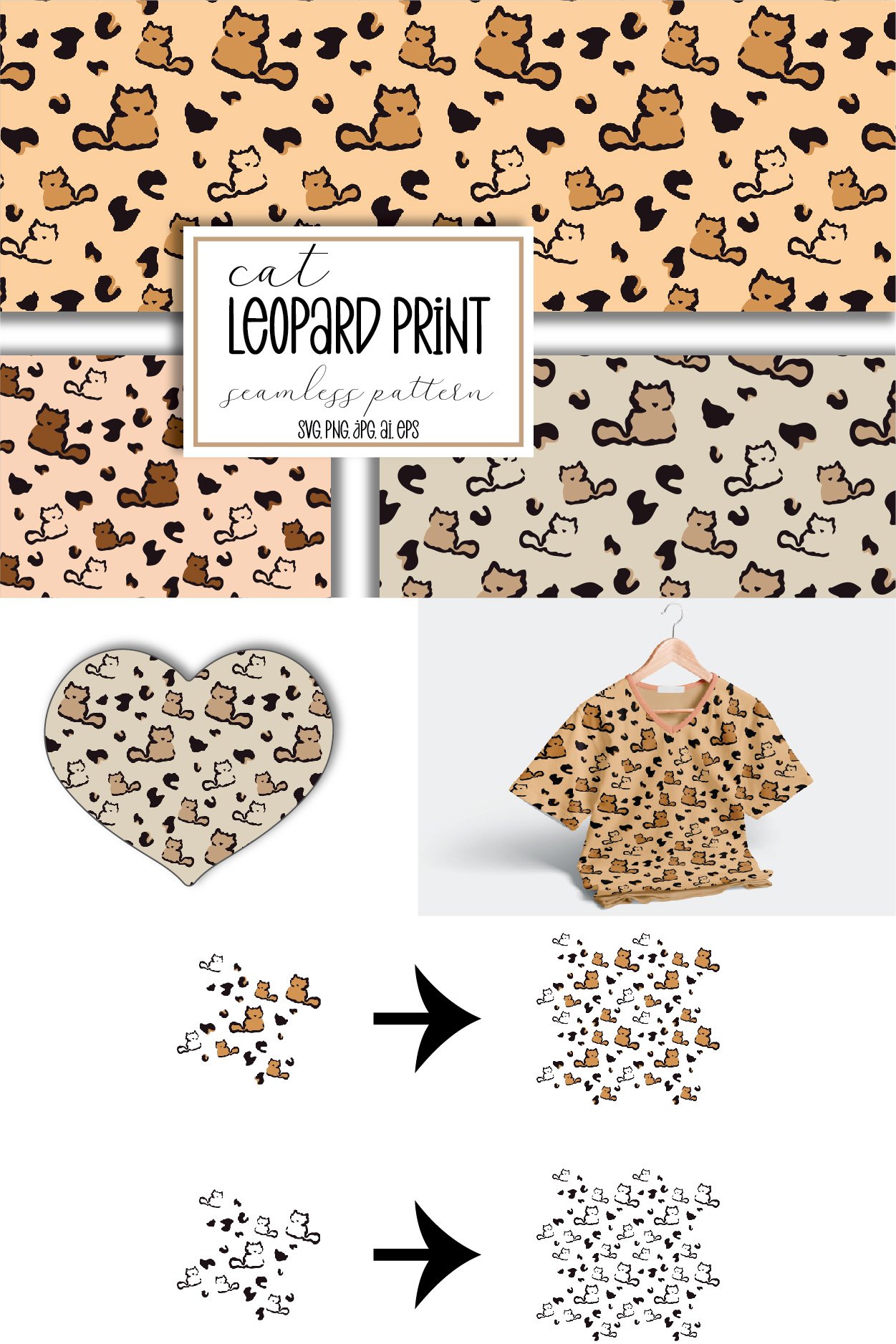 Leopard Print Cat, Seamless Pattern, SVG, PNG, Cheetah Print