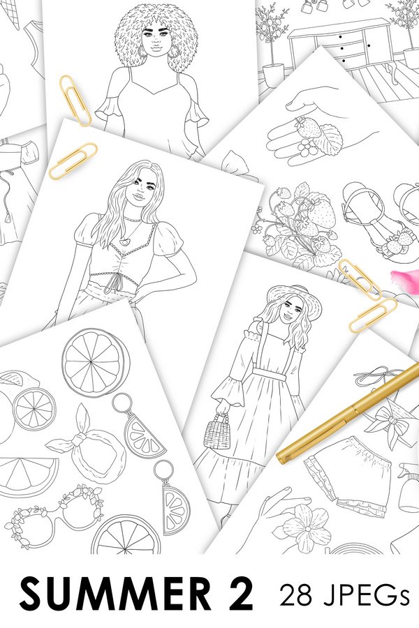 Coloring Book SUMMER 2, Fashion Illustration 28 JPEG 28 PNG
