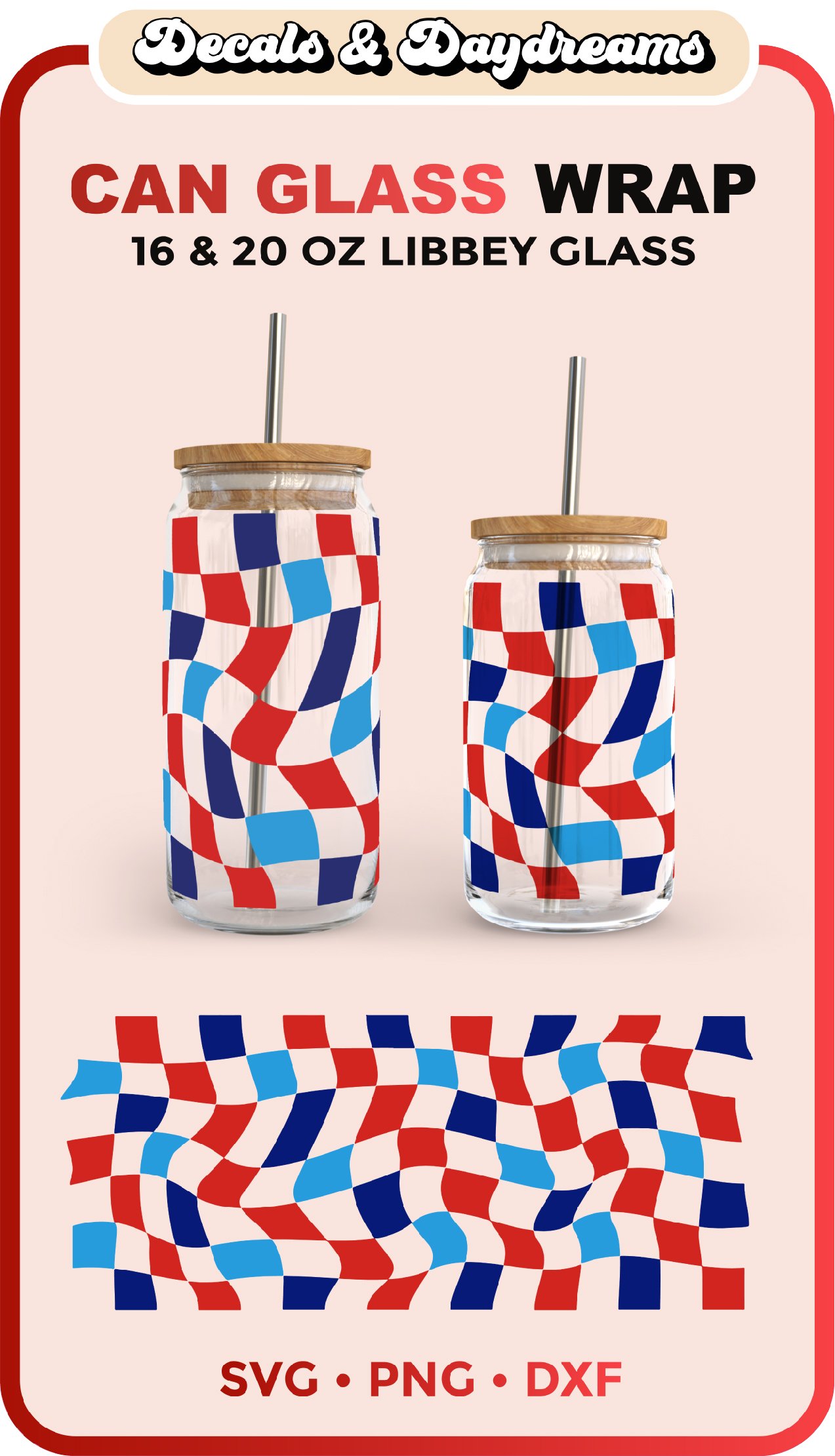 Warped Checkers Can Glass Wrap, 4th of July Libbey Glass SVG