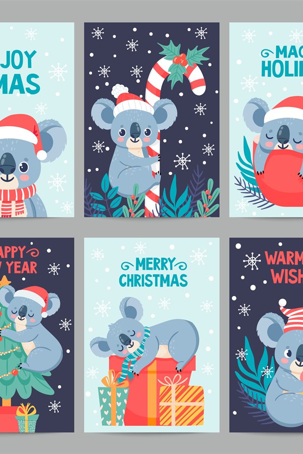 Koala christmas. Happy animals with gift boxes. Cute merry c