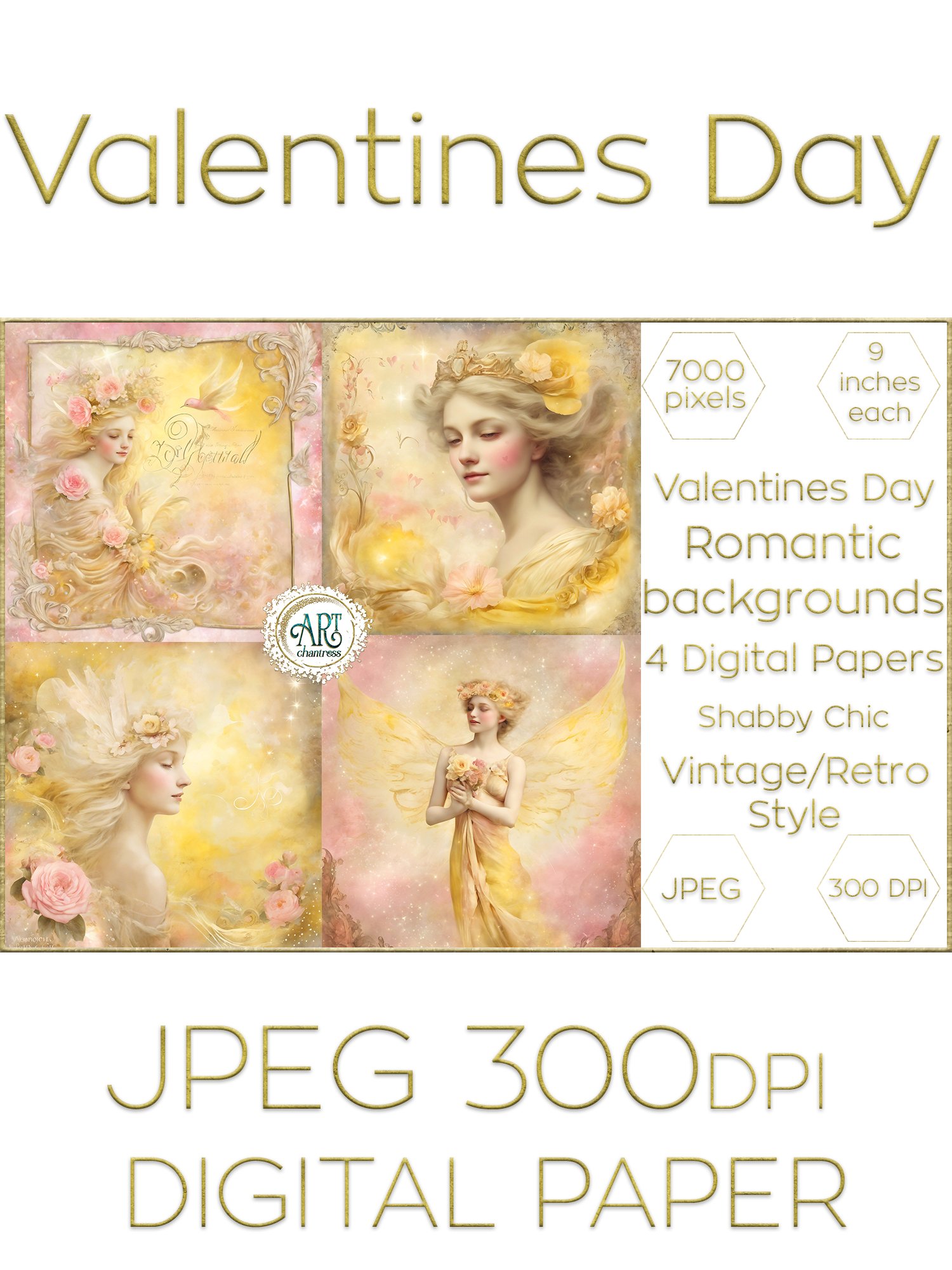 Valentines Day Fantasy Watercolor Digital Papers Shabby Chic