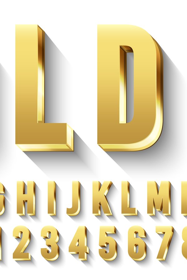 Golden 3D metallic gold letters, luxury vector typeface
