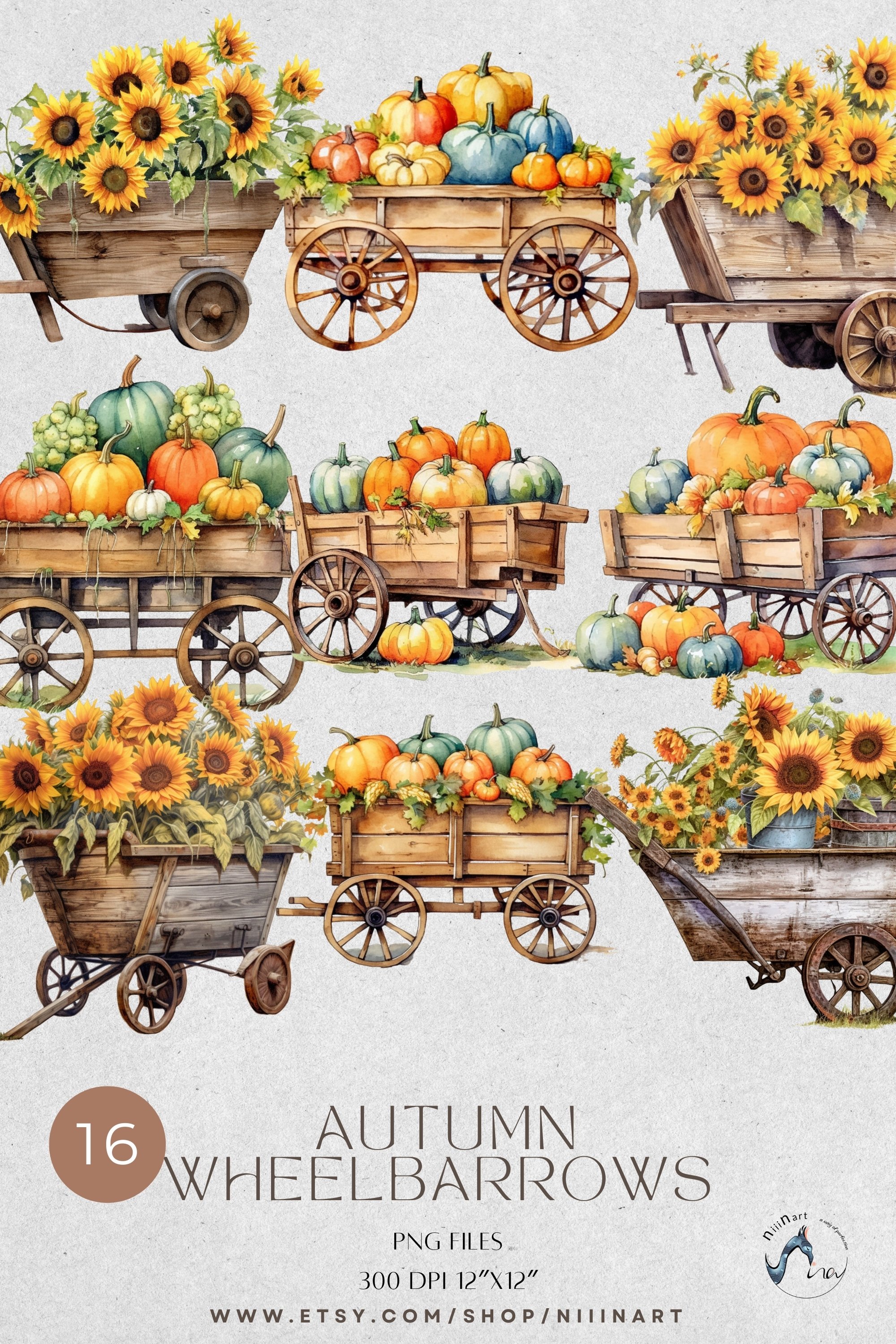 Watercolor autumn wheelbarrow clipart set, Pumpkin Sunflower