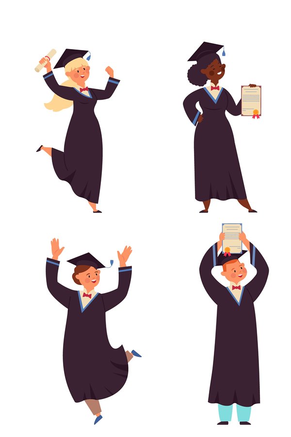 Graduate characters. Cartoon graduation boy, academic kids w