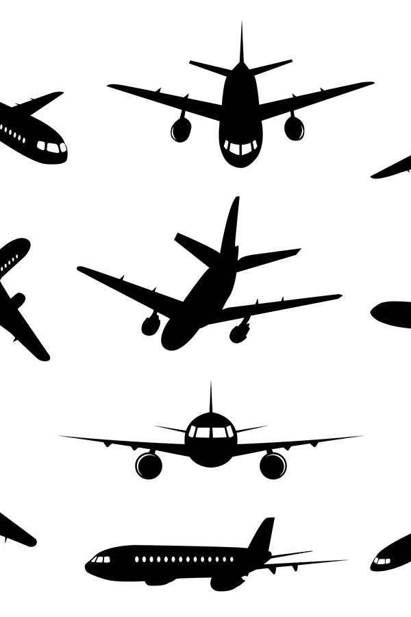 Airplane silhouette. Passenger plane landing, back front