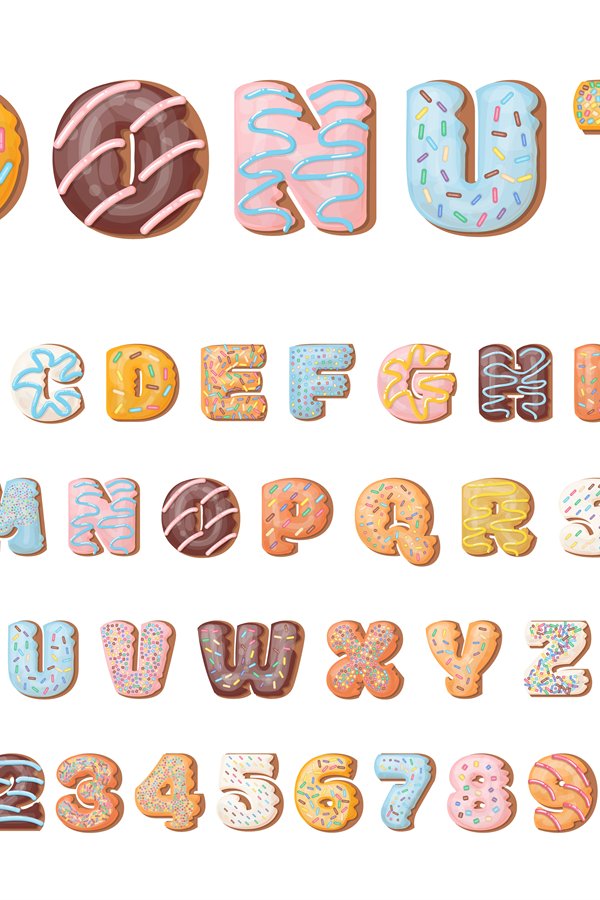 Donut font. Sweet food letters, glazed donuts alphabet. Cake