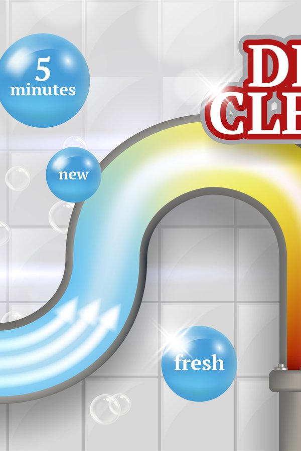 Cleaning pipes. Ads placard of bathroom piping drain plumber