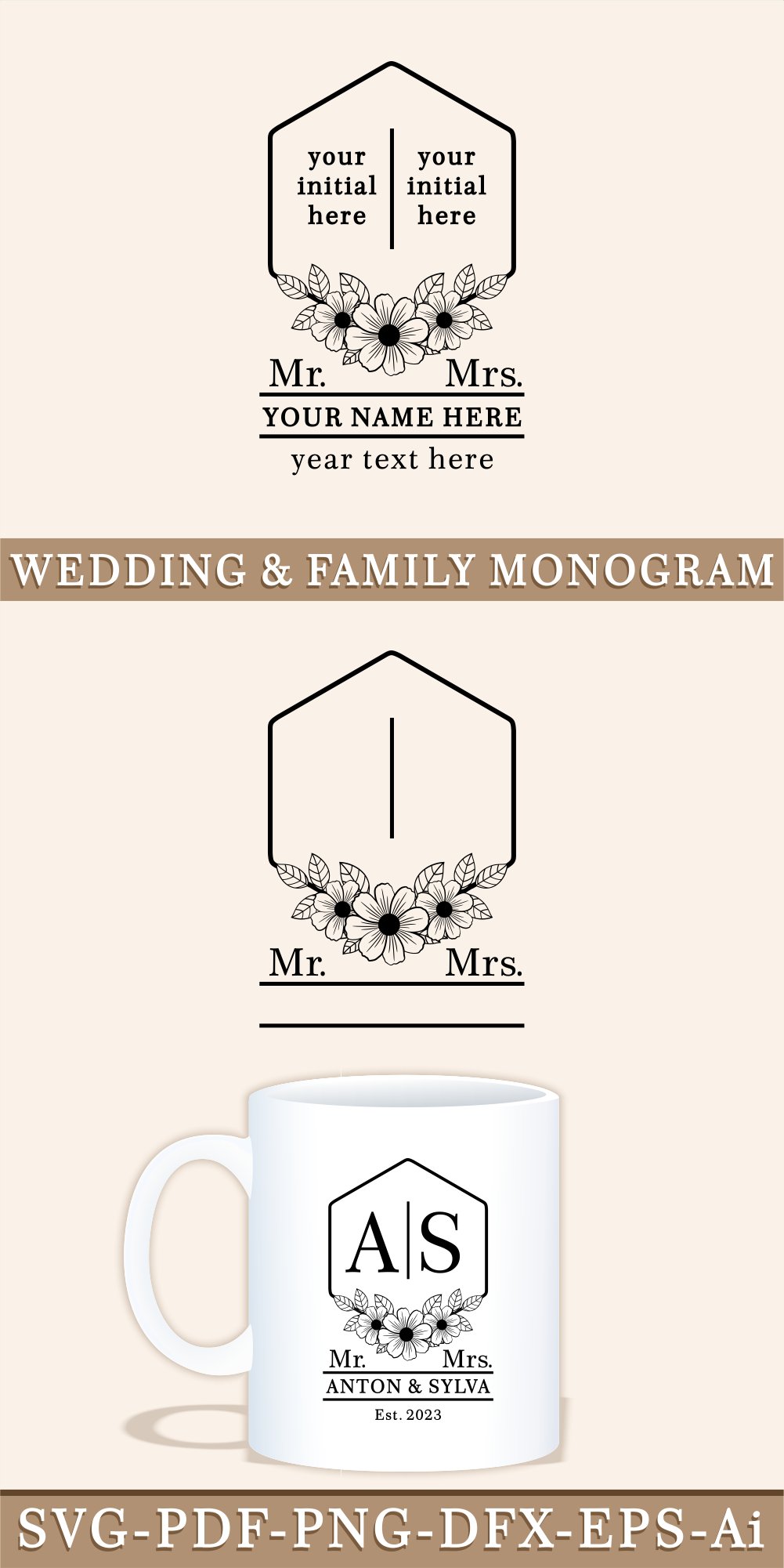 Wedding Svg, Flower Wreath SVG, Flower monogram svg