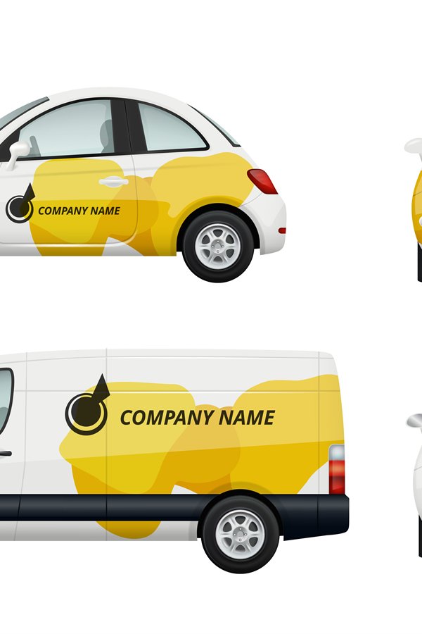 Cars branding. Realistic illustrations of advertizing on car